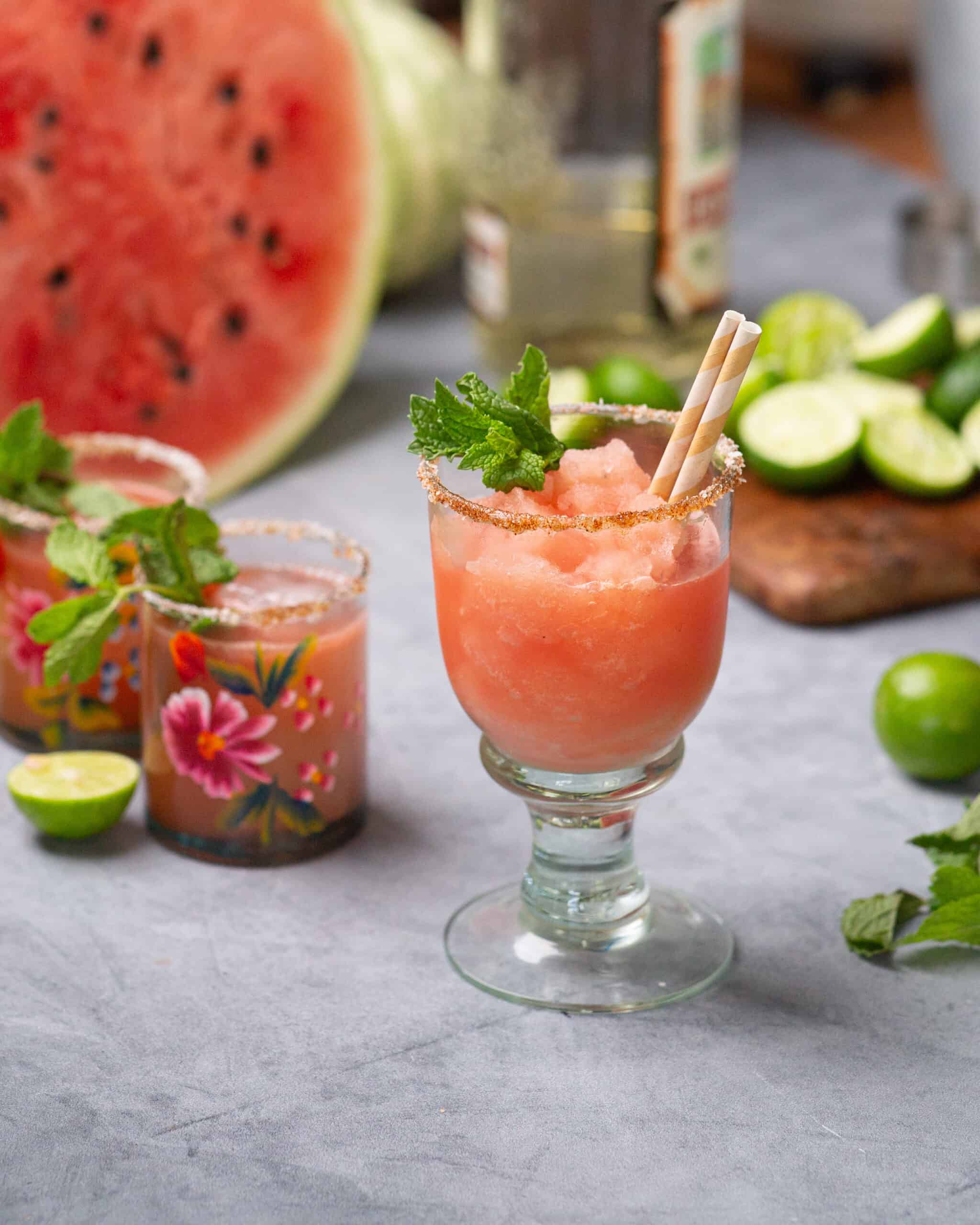 Watermelon Margaritas with Spicy Rimmer - Kitchen Wrangler | Melissa Guerra